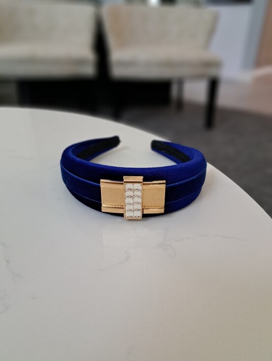 Accessories | Royal Blue Velvet Headband With Gold Crystal Accent ...